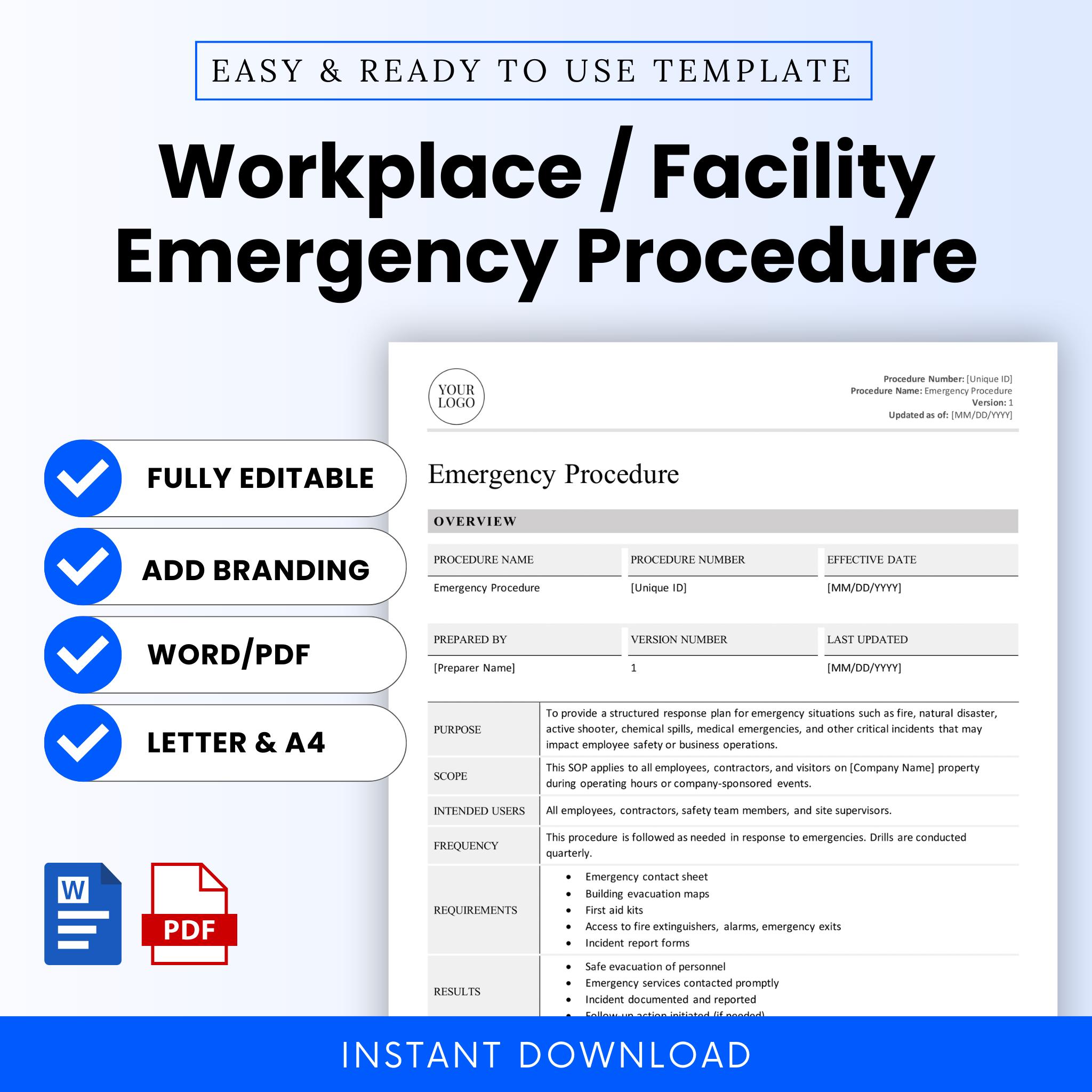 Workplace / Facility Emergency Procedure Template – Word & PDF, A4 + US ...
