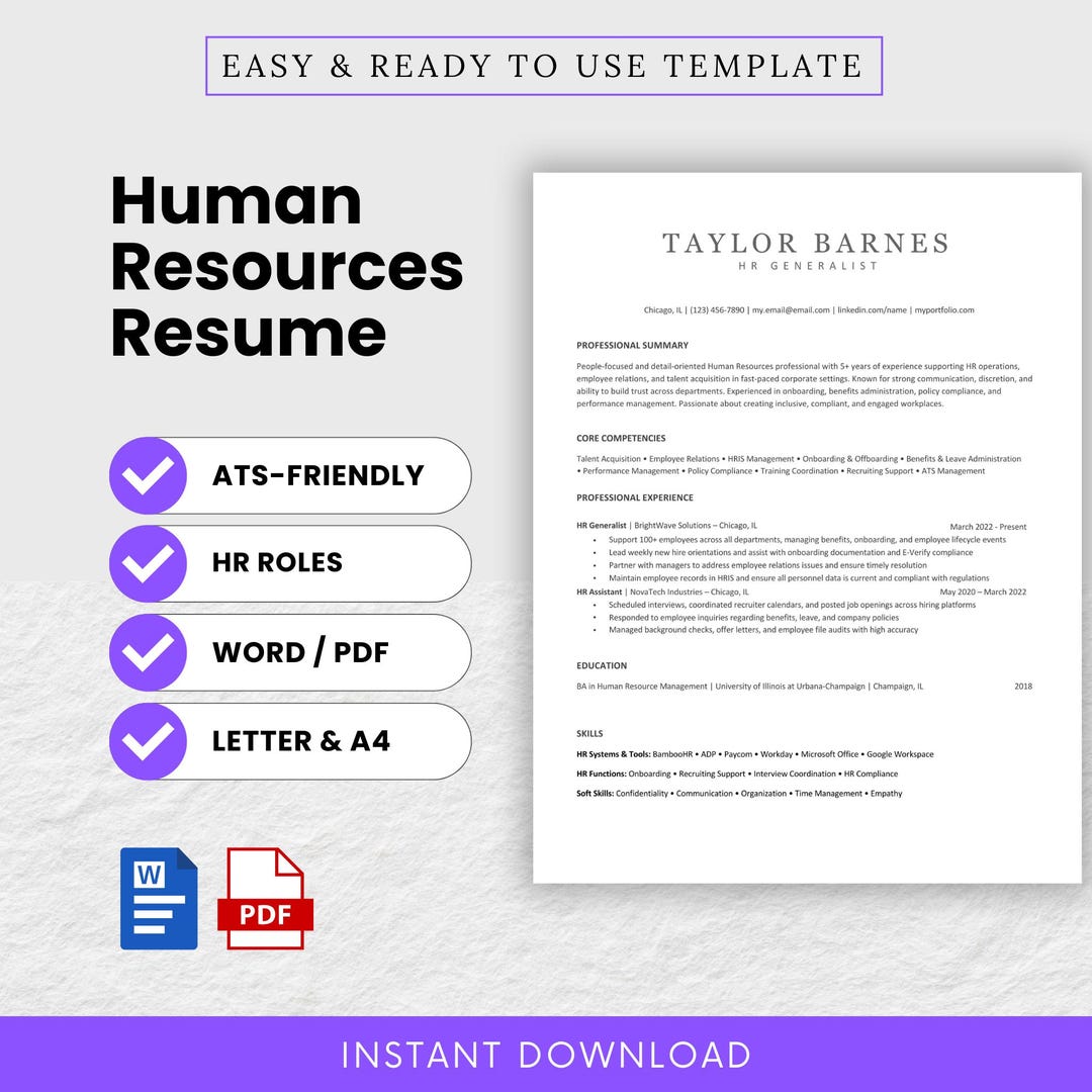 HR Resume Template (word, PDF) | Ats-friendly Resume, Recruiter Resume ...