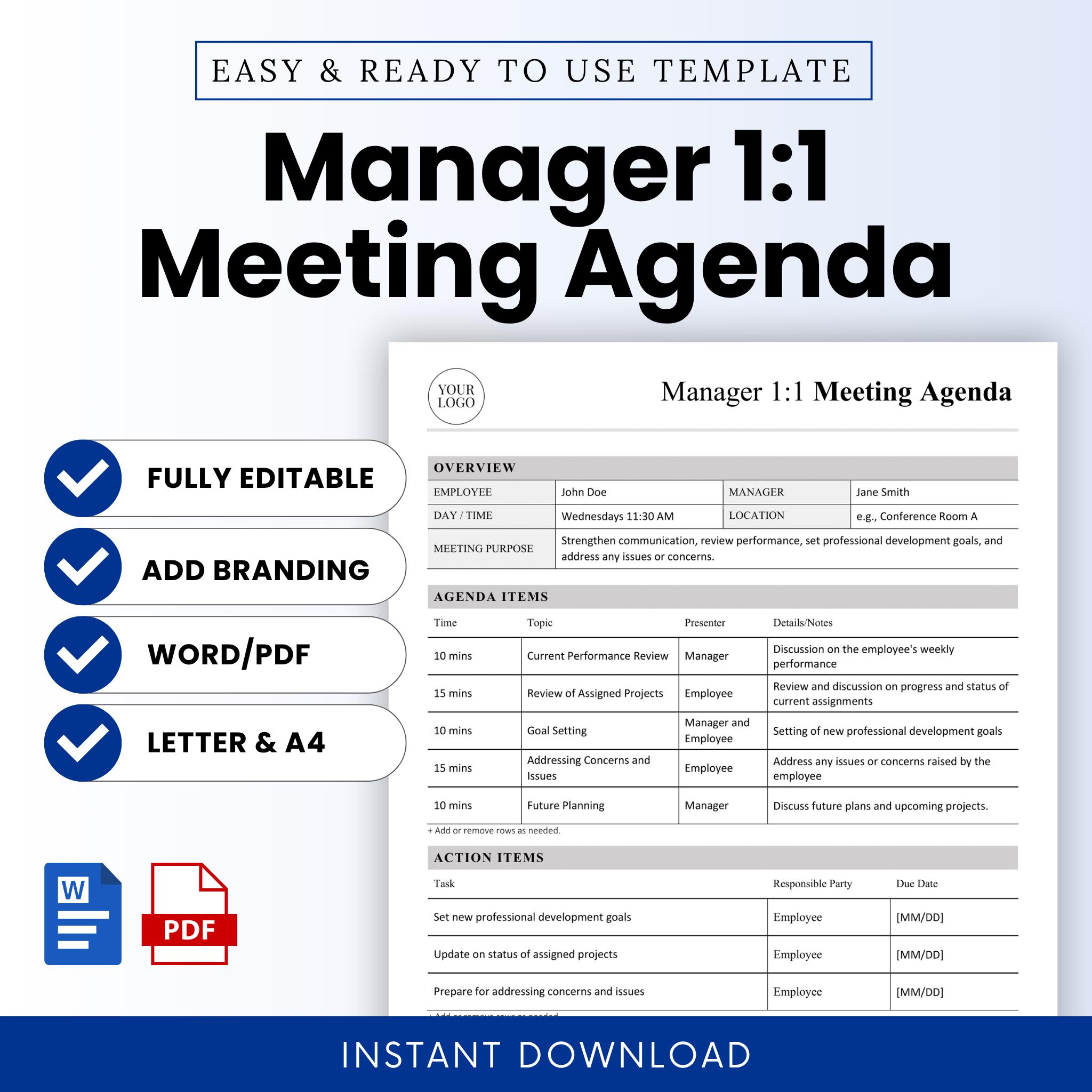 1:1 Manager Meeting Agenda (word, PDF) | Employee Agenda, One on One ...