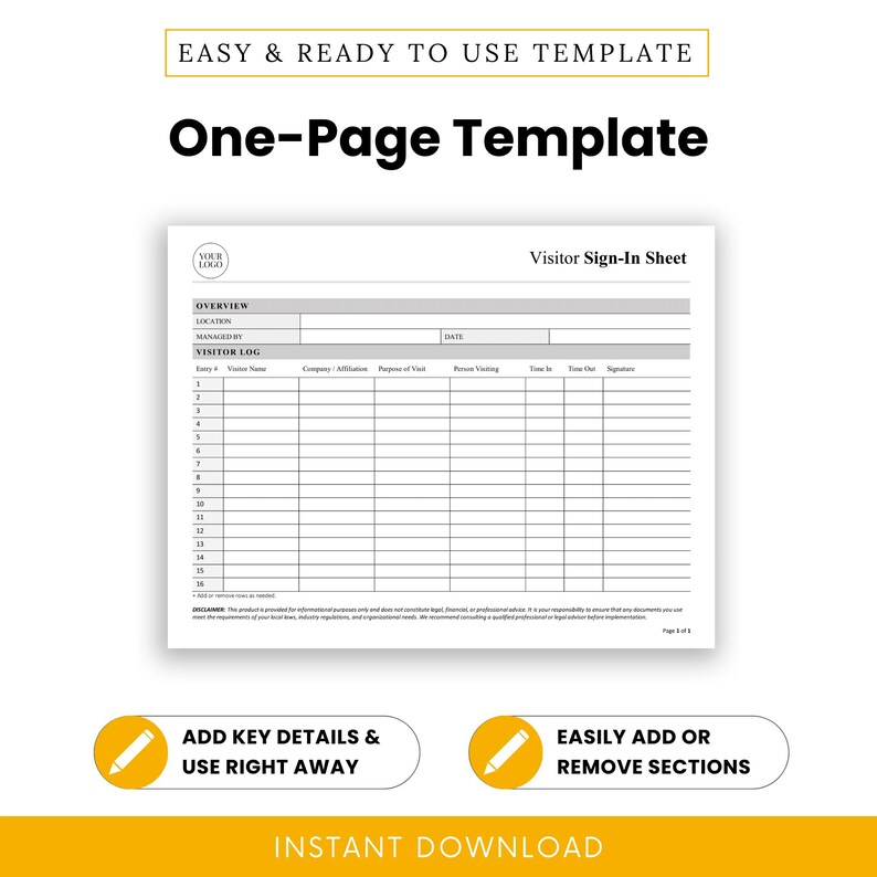 Simple Visitor Sign-in Sheet Template - Word & PDF, A4 + US Letter - Etsy