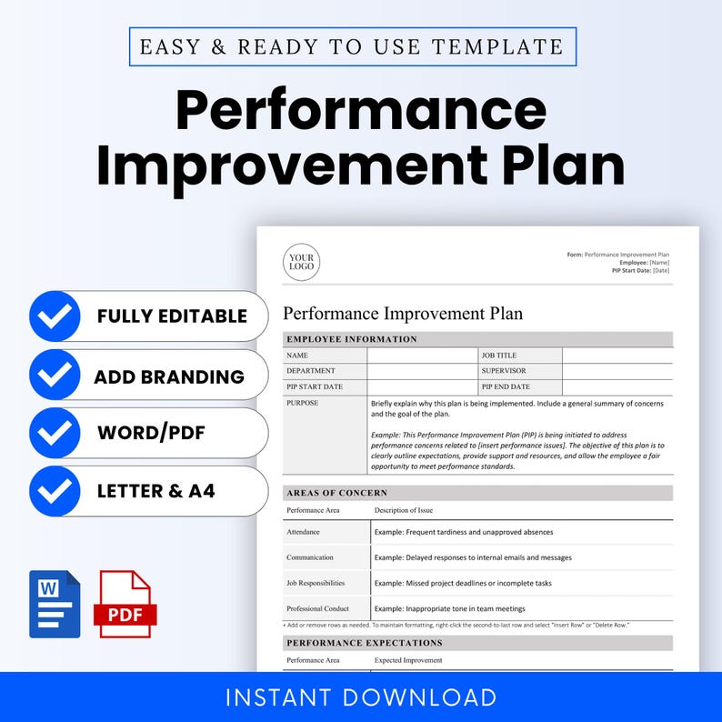 Performance Improvement Plan (MS Word, Pdf) | Simple HR Template Office ...