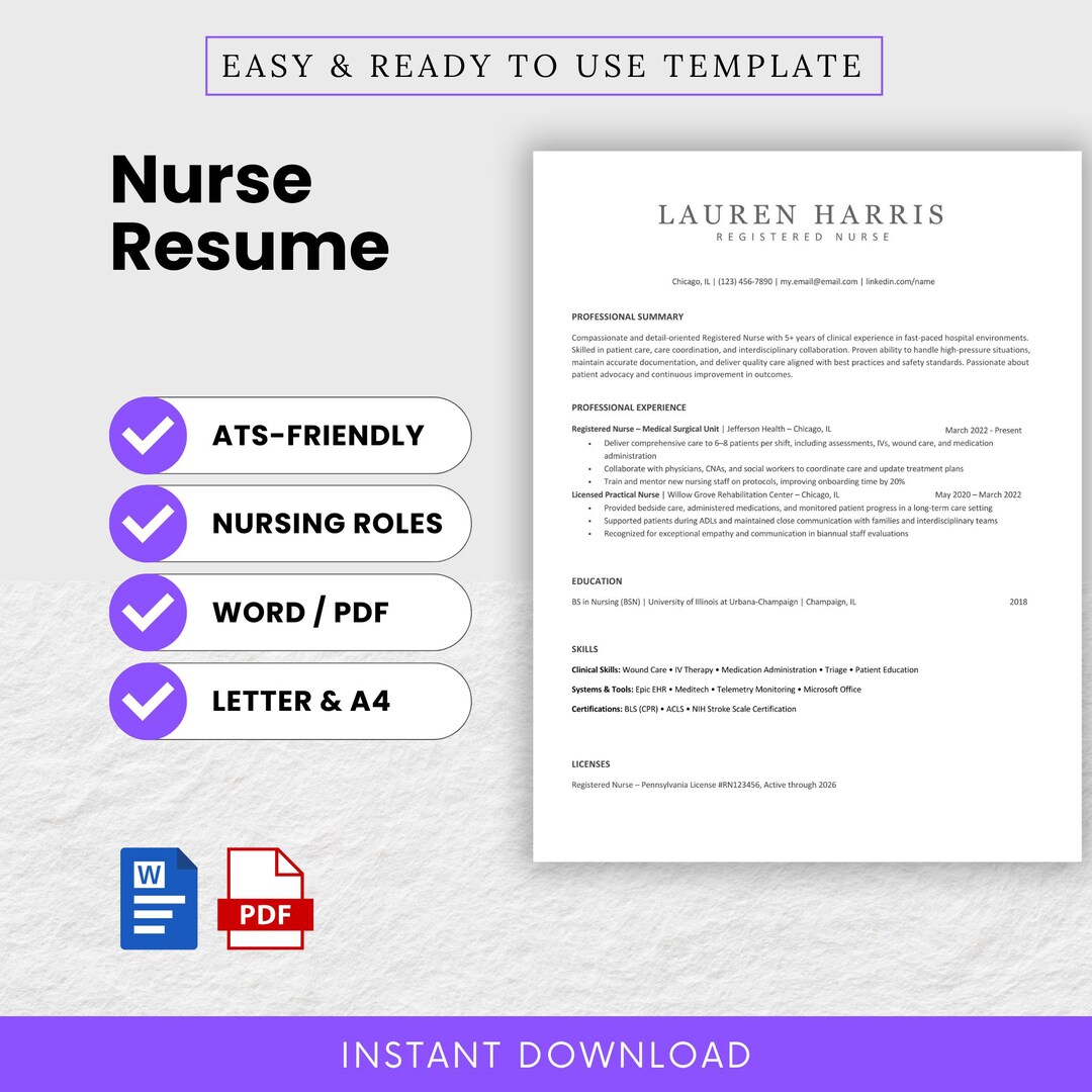 Nurse Resume Template (word, PDF) | Ats-friendly Resume, Nursing Resume ...