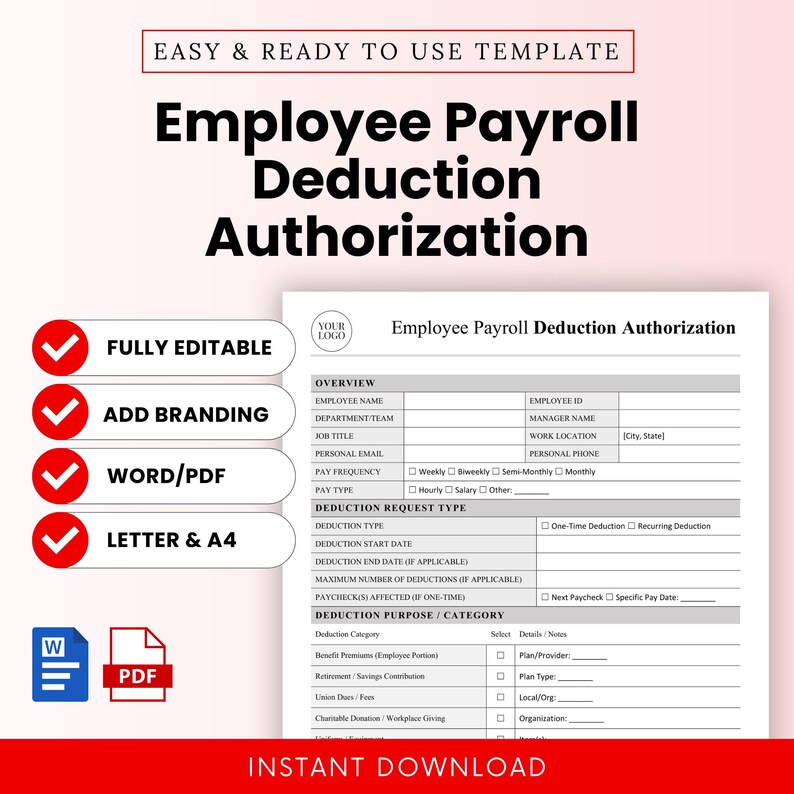 Employee Payroll Deduction Authorization Form Template – Word & PDF, A4 ...