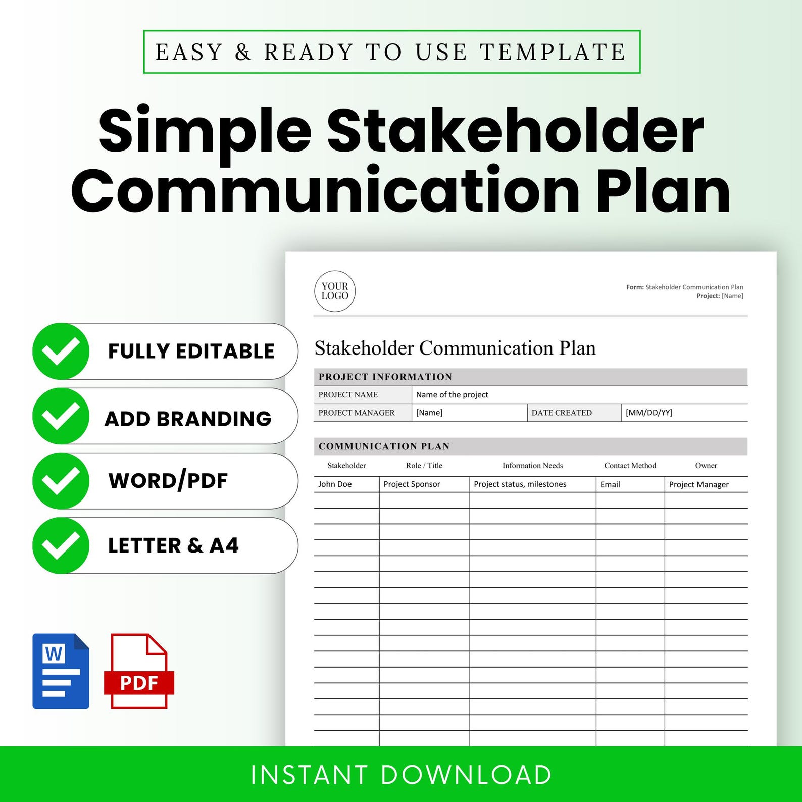 Simple Stakeholder Communication Plan Template (word, PDF) - Etsy