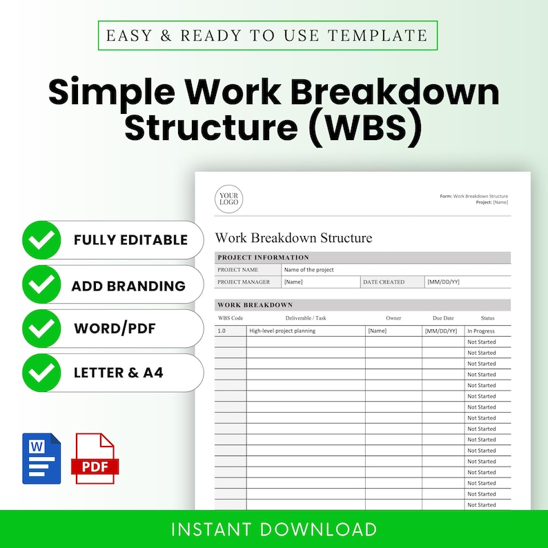 Simple Work Breakdown Structure Template (word, PDF) | Project ...