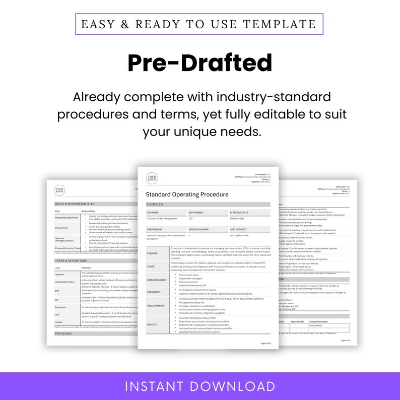 Purchase Order Management SOP Template (word, PDF) | Simple Standard ...