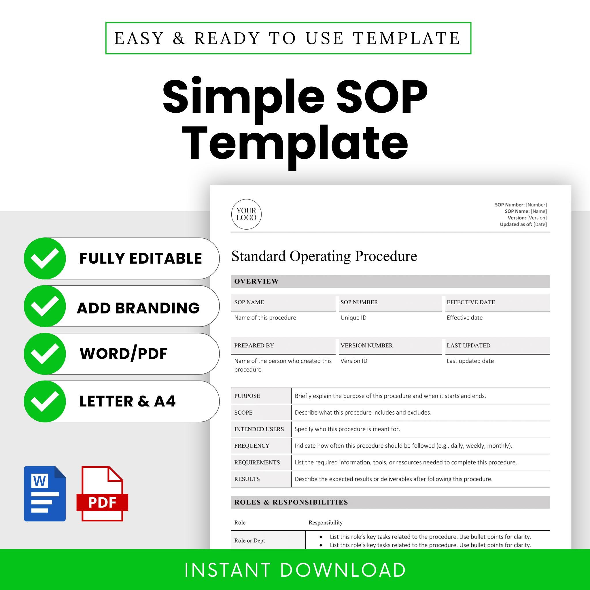 Simple SOP Template (word, PDF) | Standard Operating Procedure Template ...