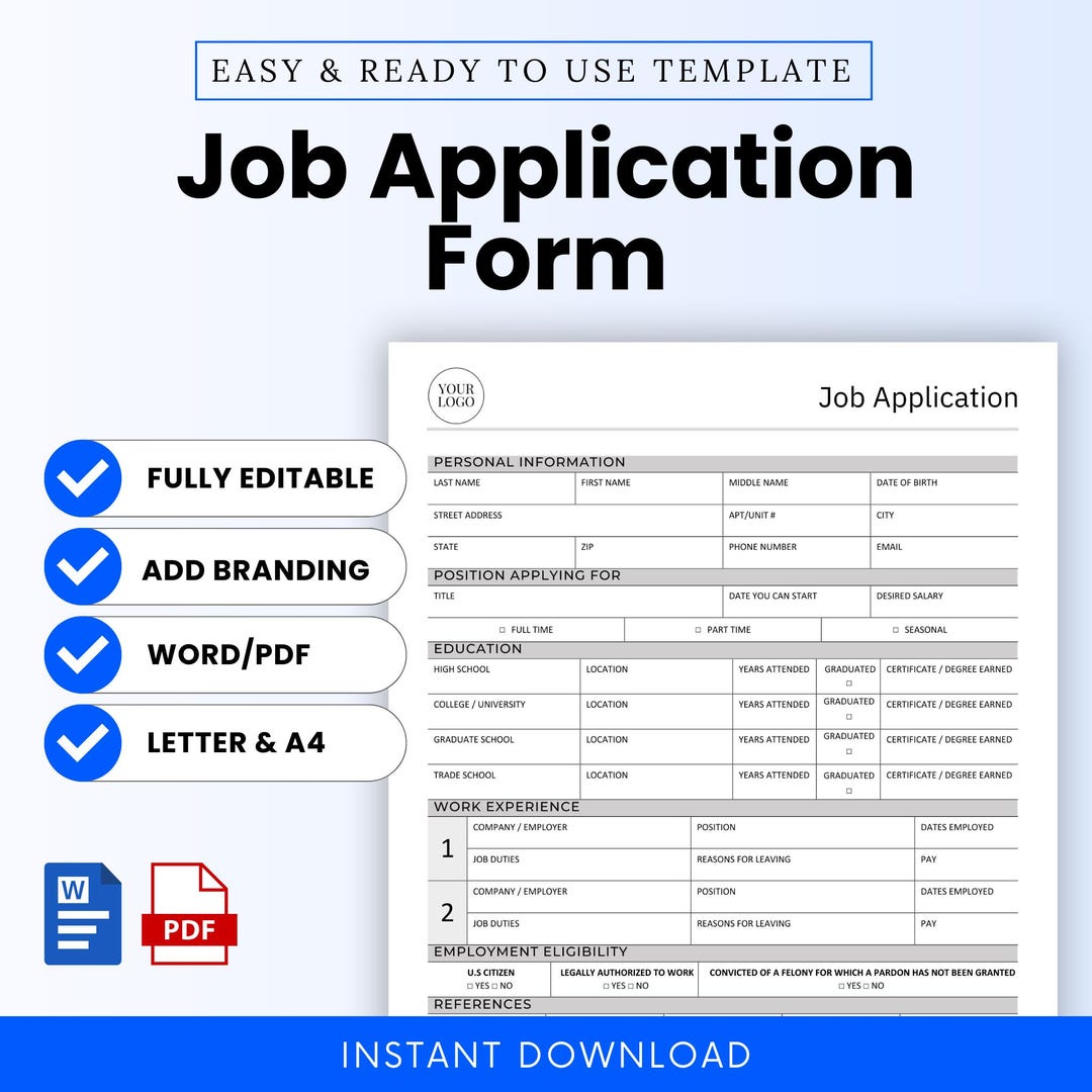 Job Application Form Template (word, PDF) | Employment Form, Job Form ...