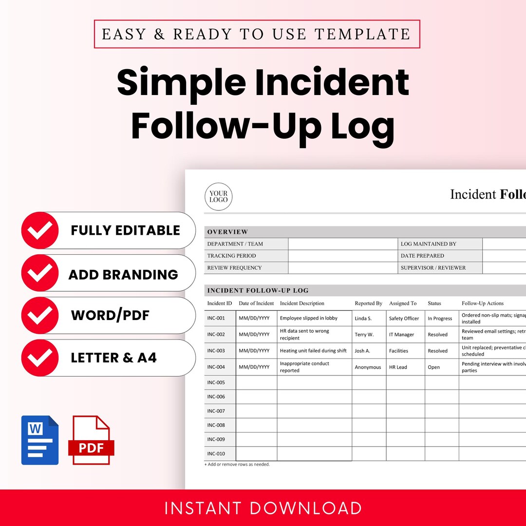 Simple Incident Follow-up Log Template – Word & PDF, A4 + US Letter - Etsy