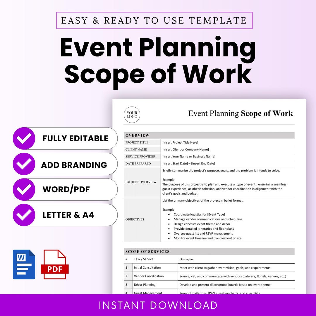 Buy Event Planning Scope of Work Template – Word & PDF, A4 + US Letter ...