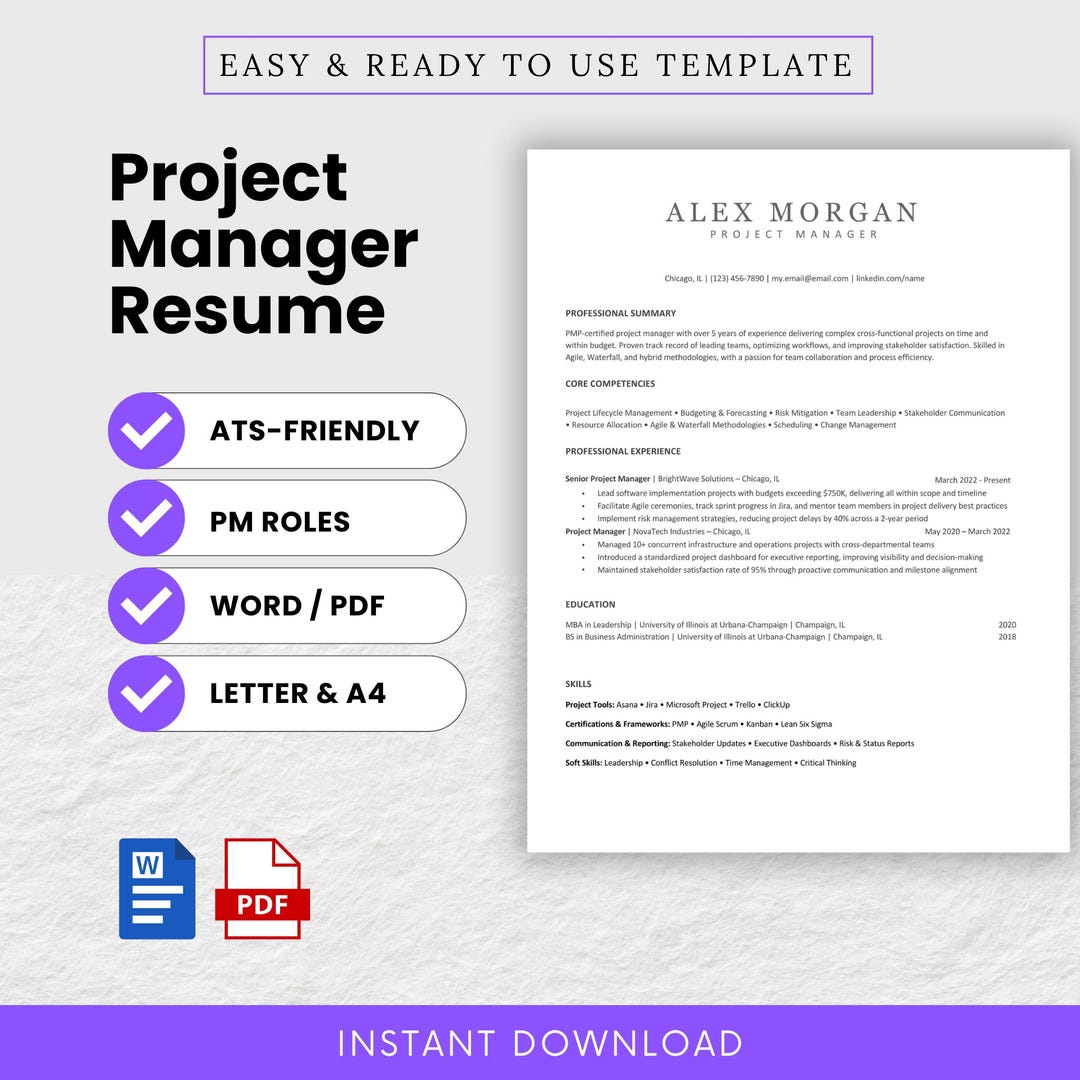 Project Manager Resume Template (word, PDF) | Ats-friendly Resume, PM ...