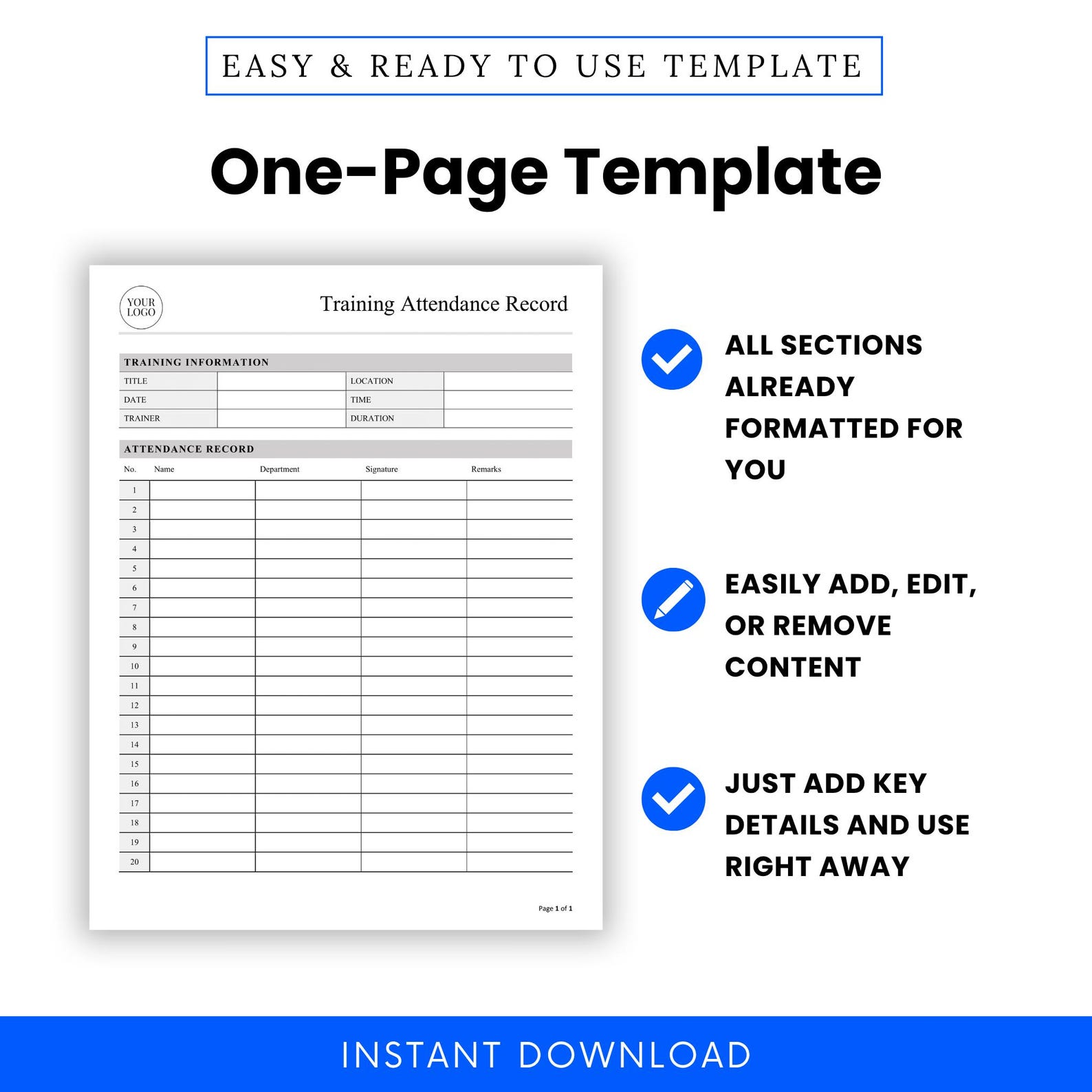 Simple Training Attendance Record Template (word, PDF) | Workshop ...