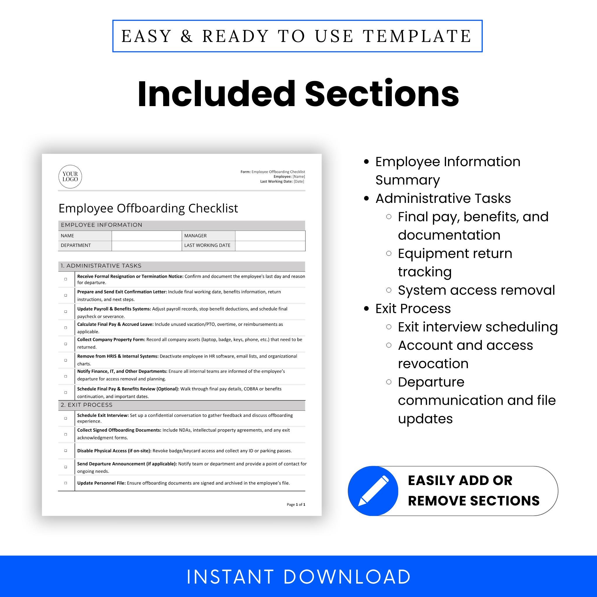 Employee Offboarding Checklist (MS Word, PDF) | Simple HR Template ...