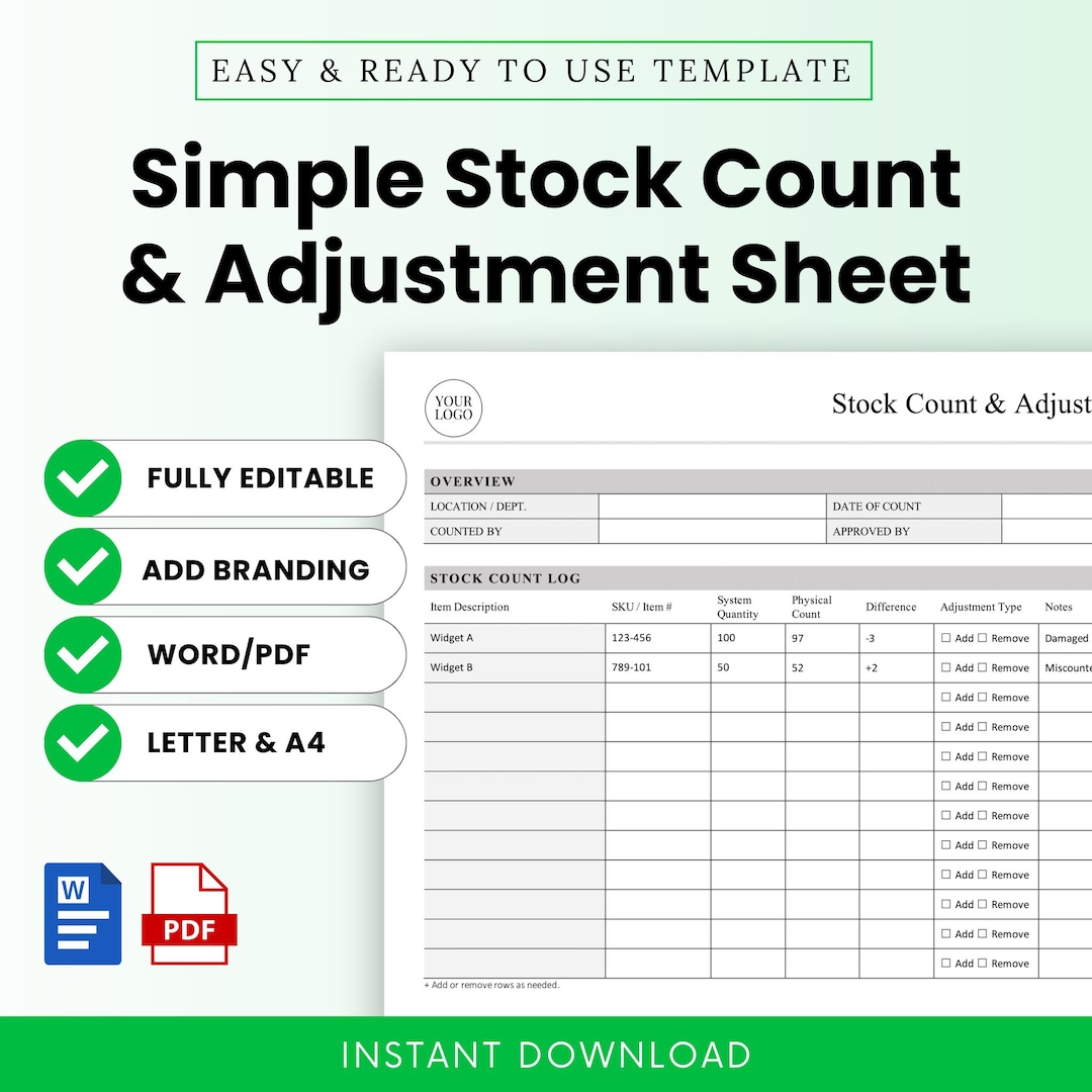 Simple Stock Count and Adjustment Sheet Template – Word & PDF, A4 + US ...