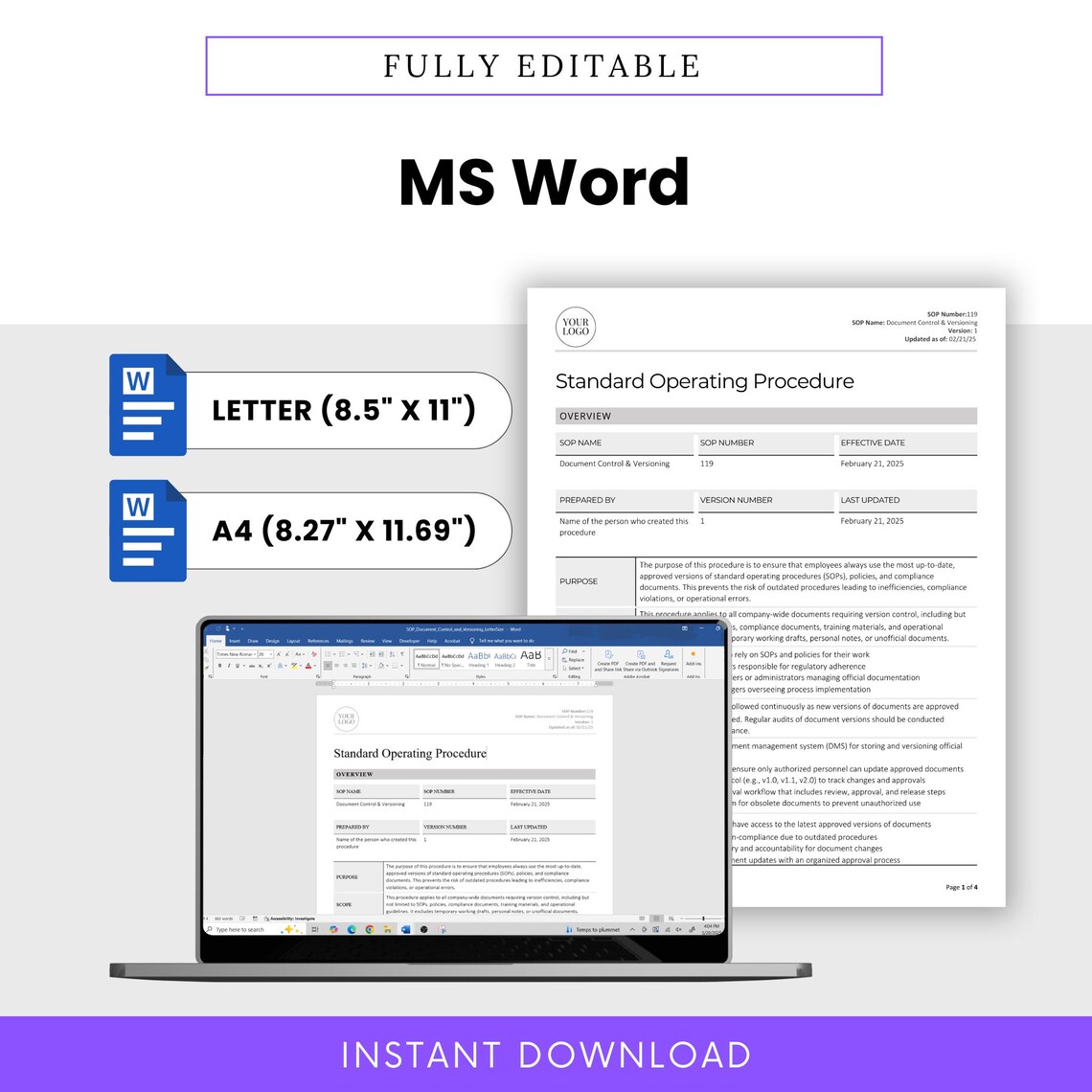 Document Control & Versioning SOP Template (word, PDF) | Simple ...