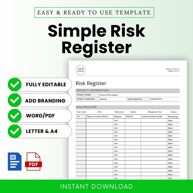 Simple Risk Register Template (word, PDF) | Project Management Template ...