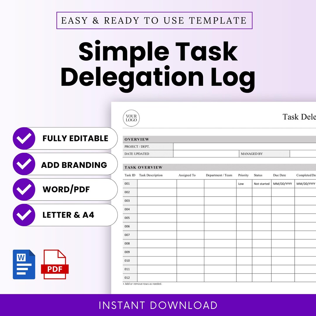 Simple Task Delegation Log Template - Word & PDF, A4 + US Letter - Etsy