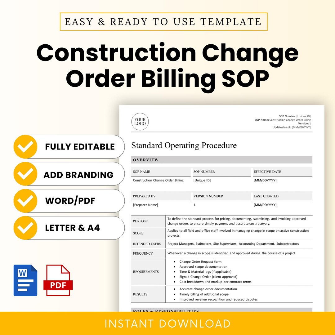 Construction Change Order Billing SOP Template – Word & PDF, A4 + US ...