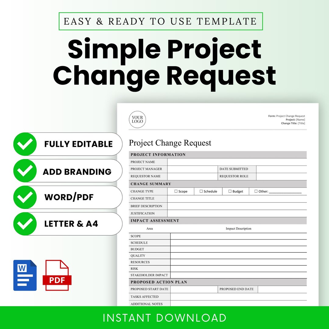 Simple Project Change Request Template (word, PDF) | Project Management Template, Change Request ...