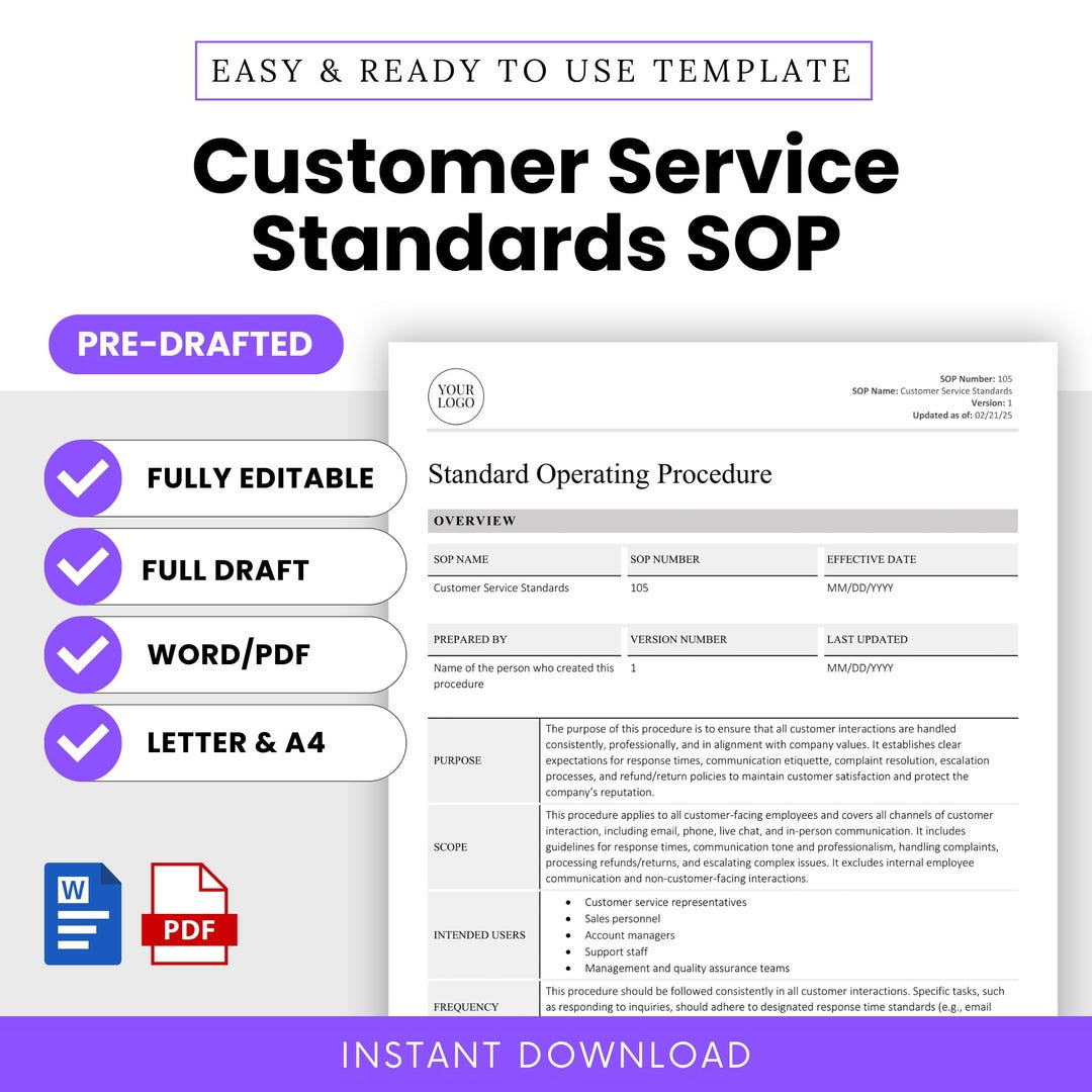 Customer Service Standards SOP Template (word, PDF) | Simple Standard ...