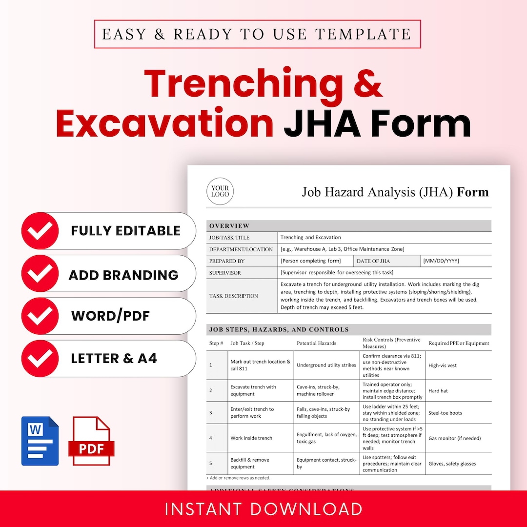 Trenching and Excavation Job Hazard Analysis (JHA) Form Template – Word ...
