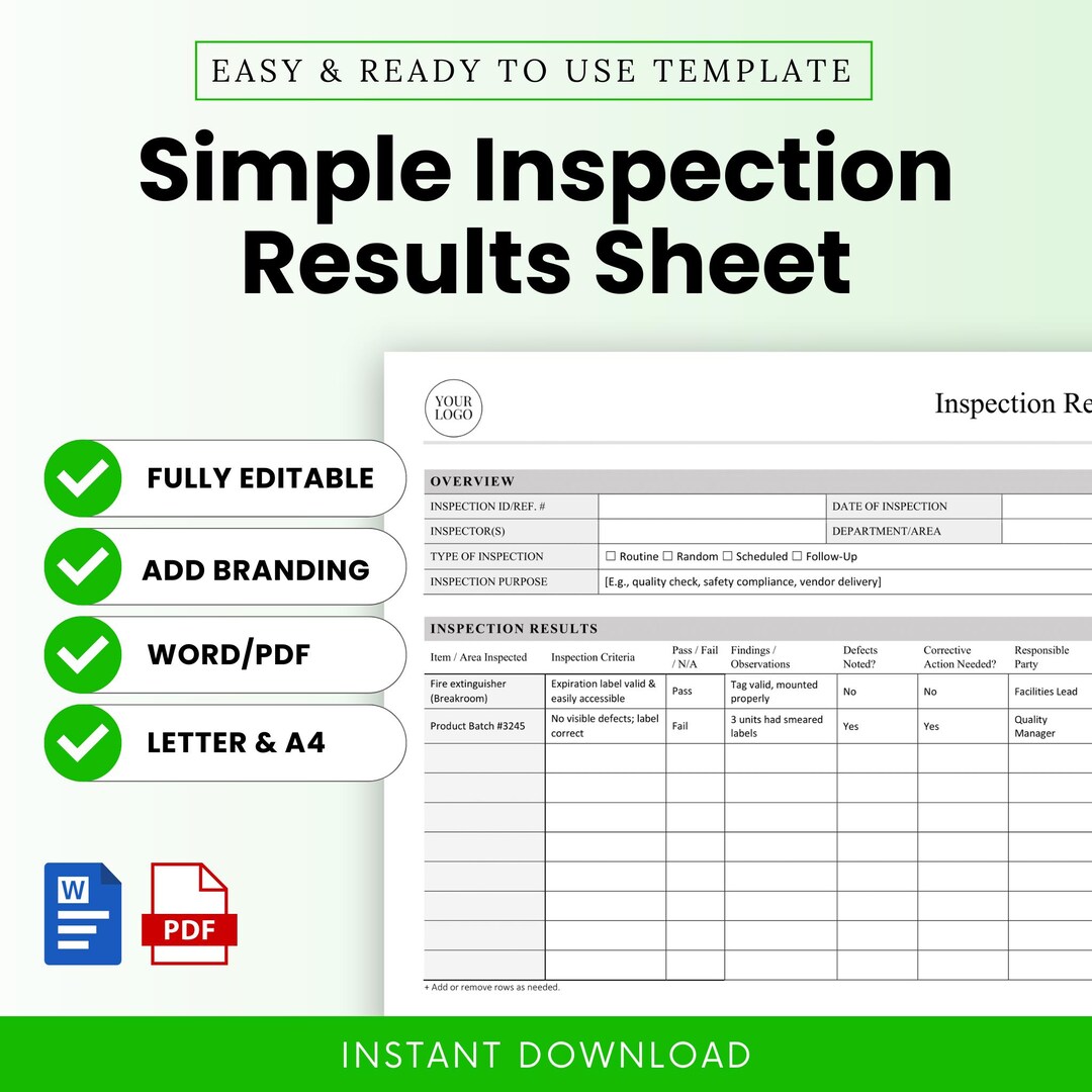 Simple Inspection Results Sheet Template – Word & PDF, A4 + US Letter ...