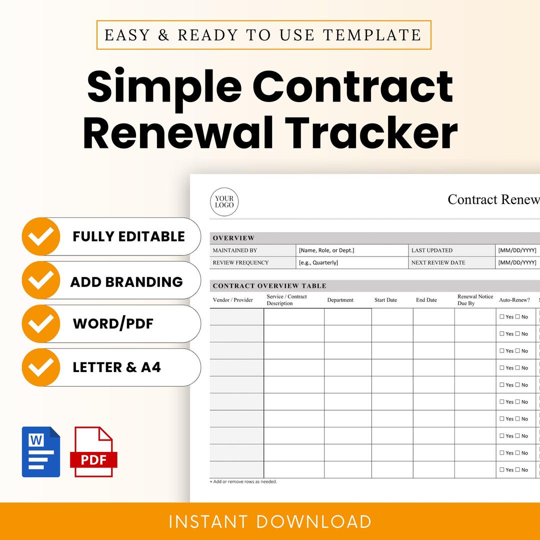 Simple Contract Renewal Tracker Template – Word & PDF, A4 + US Letter ...