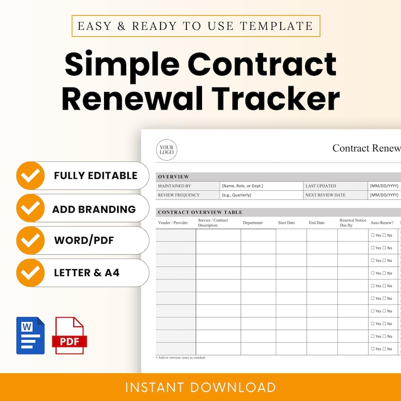 Simple Contract Renewal Tracker Template – Word & PDF, A4 + US Letter ...