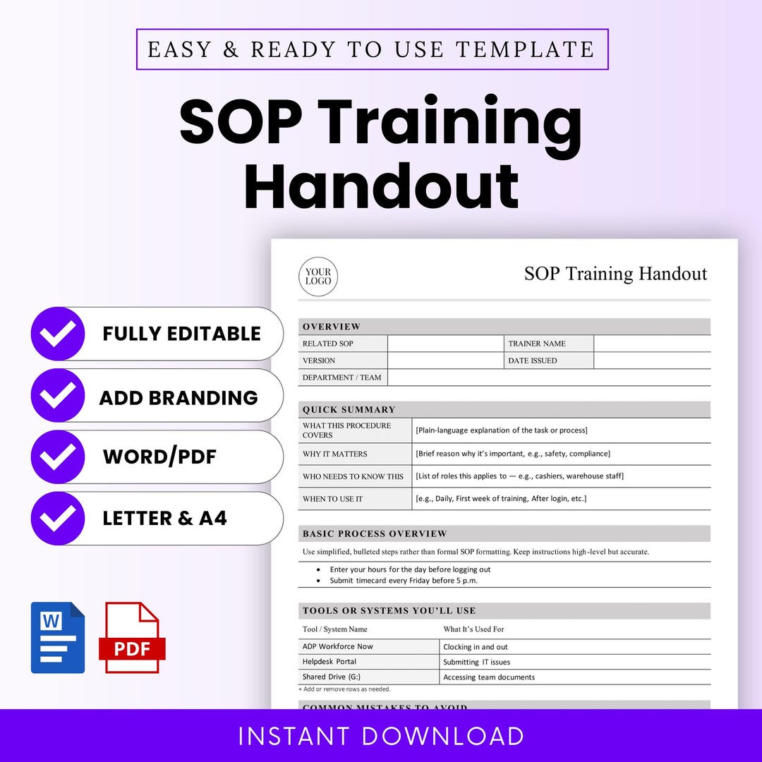SOP Training Handout Template – Word & PDF, A4 + US Letter - Etsy