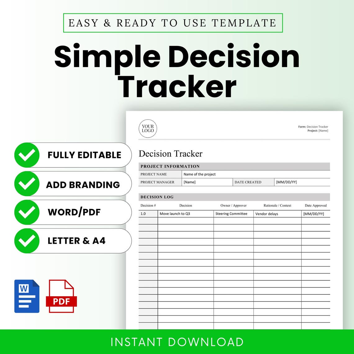Simple Decision Tracker Template (word, PDF) | Project Decision Log ...