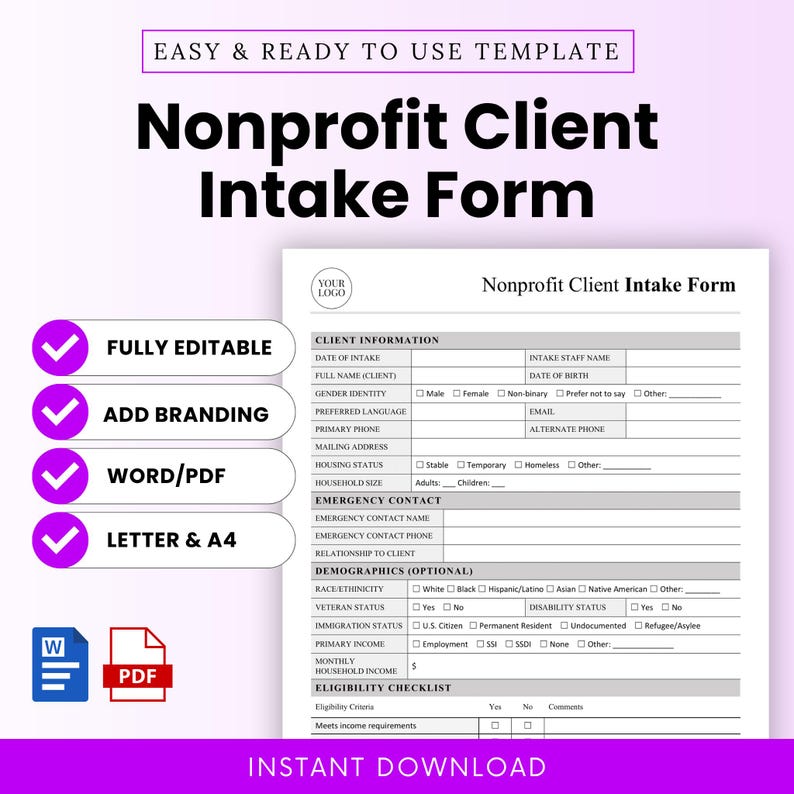 Nonprofit Client Intake Form Template – Word & PDF, A4 + US Letter - Etsy