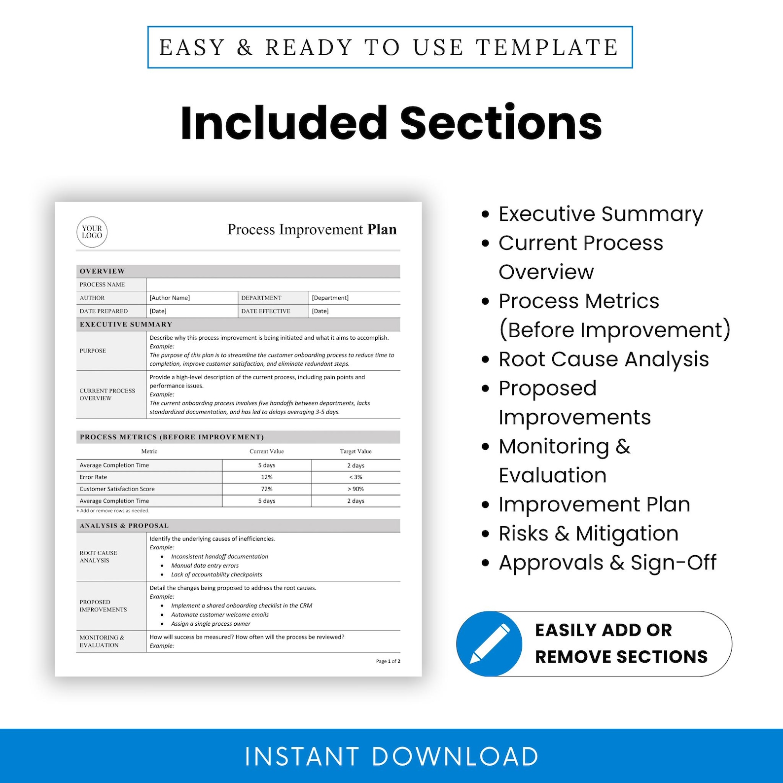 Process Improvement Plan Template (word, PDF) | Workflow Improvement ...