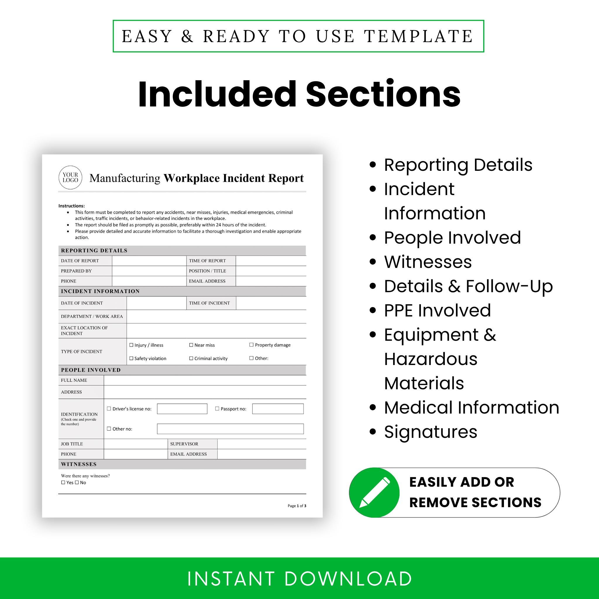 Manufacturing Incident Report Form (word, PDF) | Workplace Incident ...