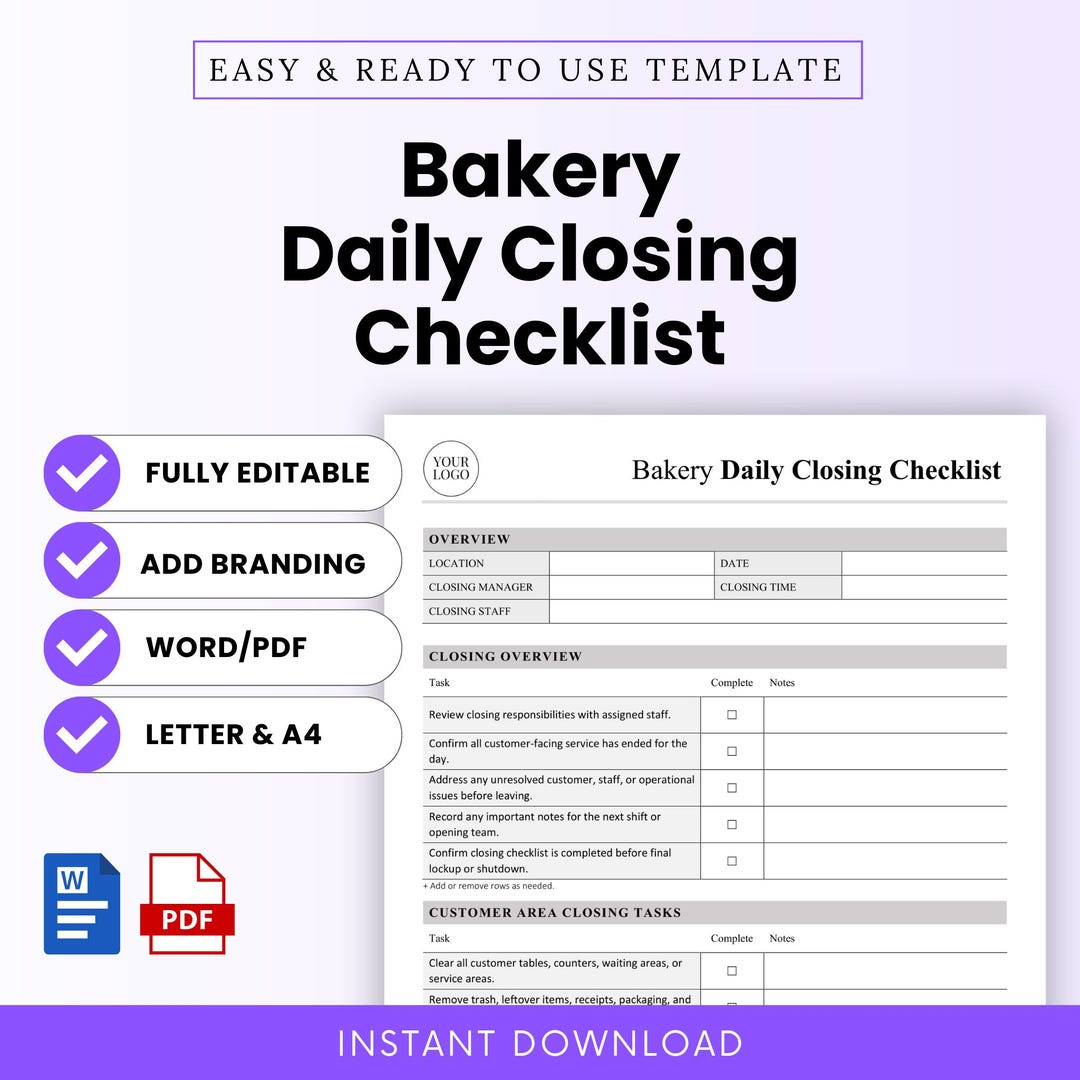 Bakery Daily Closing Checklist Template – Word & PDF, A4 + US Letter ...