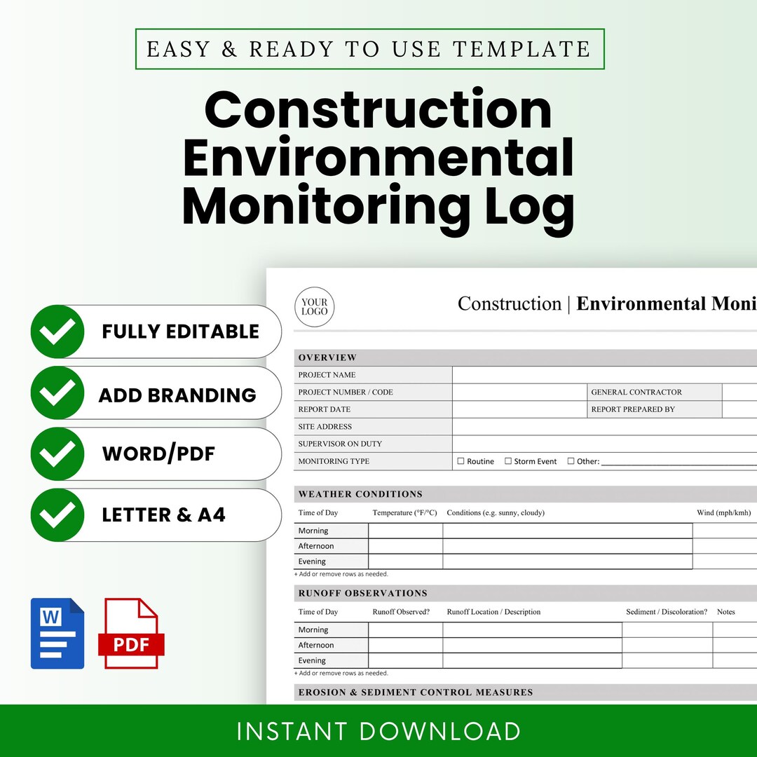 Construction Environmental Monitoring Log Template – Word & PDF, A4 ...