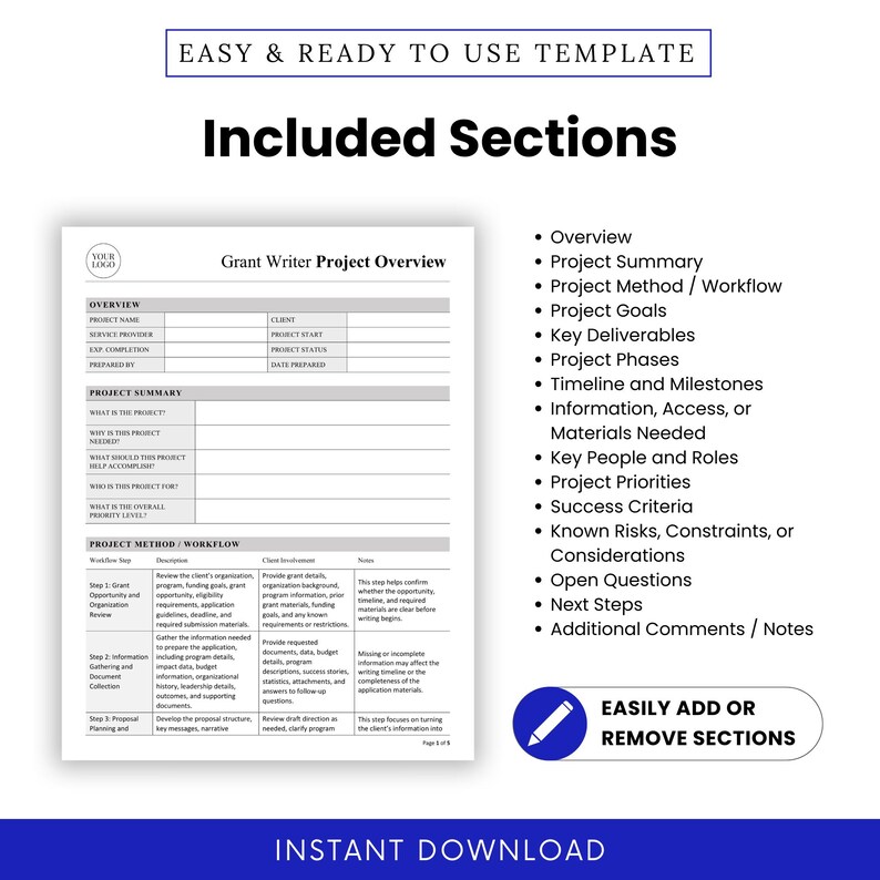 Grant Writer Project Overview Template – Word & PDF, A4 + US Letter ...