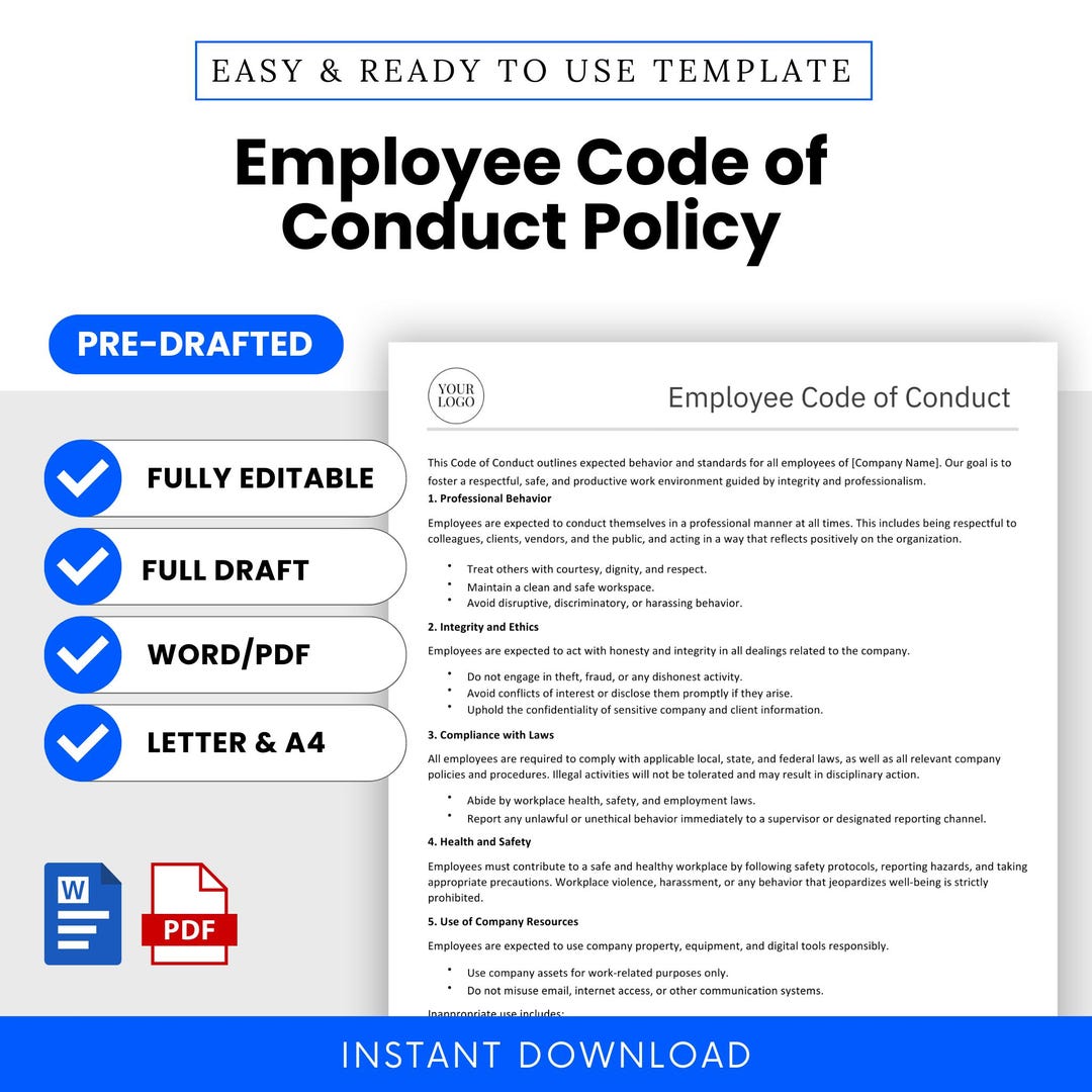 Employee Code of Conduct Policy Template (word, PDF) | Simple Human ...