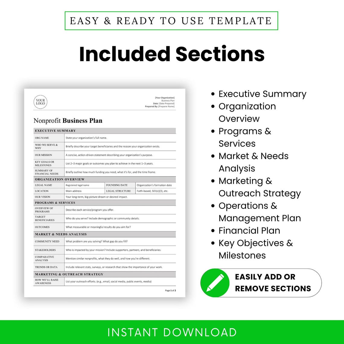 Nonprofit Business Plan Template (word, PDF) | Simple Business Plan ...