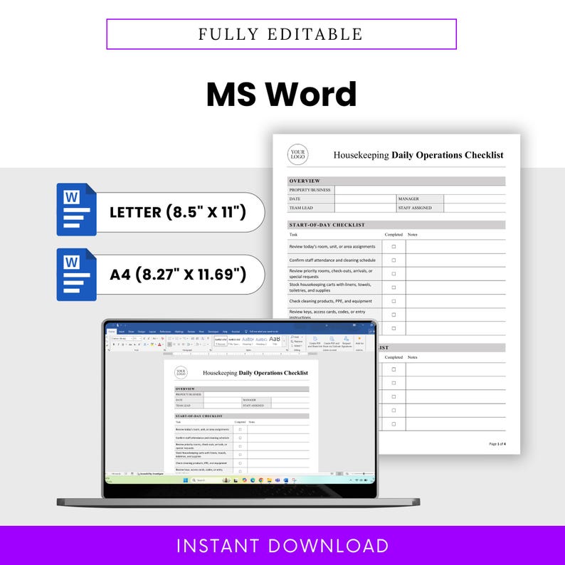 Housekeeping Daily Operations Checklist Template – Word & PDF, A4 + US ...