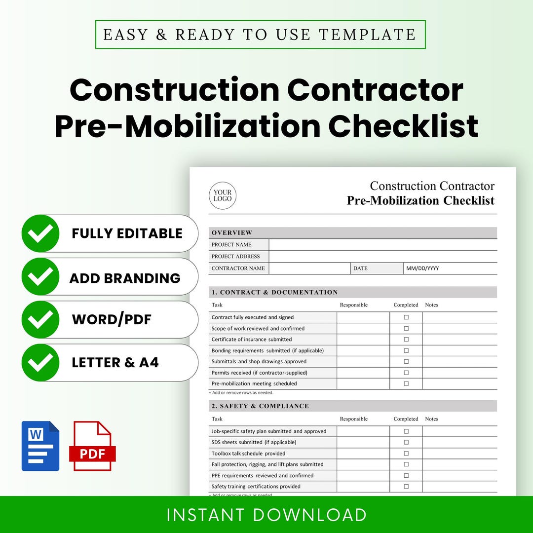 Construction Contractor Pre-mobilization Checklist Template – Word ...