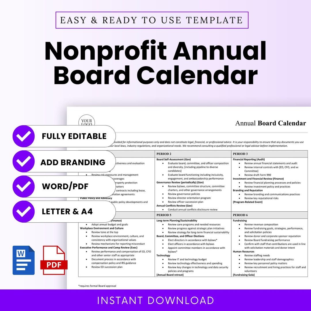 Nonprofit Annual Board Calendar Template – Word & PDF, A4 + US Letter ...