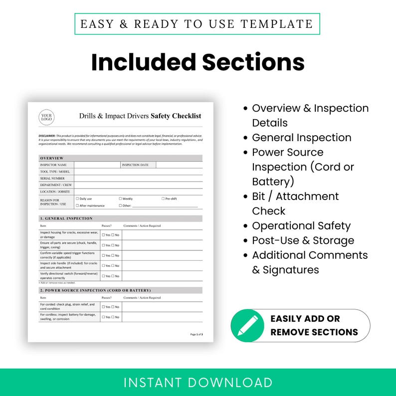 Drills and Impact Drivers Safety Checklist Template – Word & PDF, A4 ...