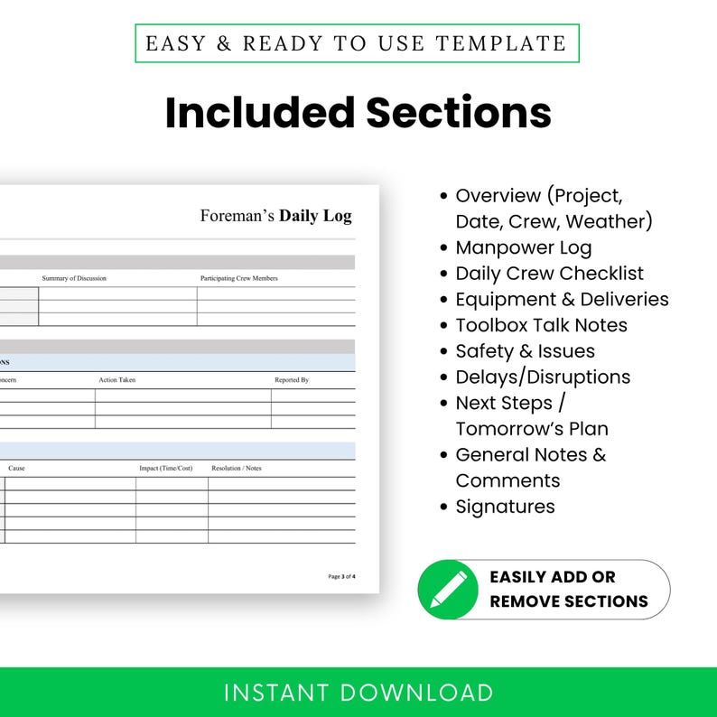 Construction Foreman's Daily Log Template – Word & PDF, A4 + US Letter ...