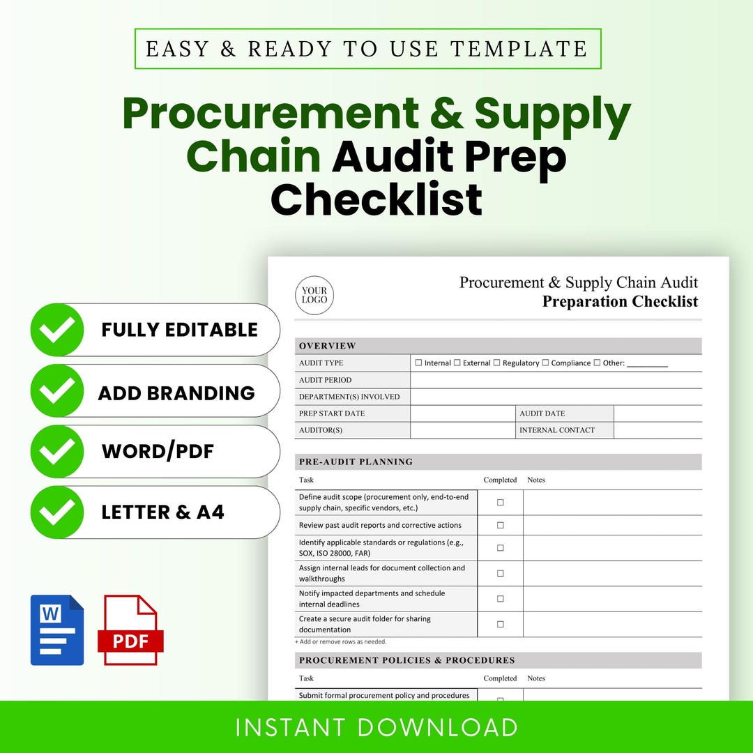 Procurement and Supply Chain Audit Preparation Checklist Template – Word & PDF, A4 + US Letter ...