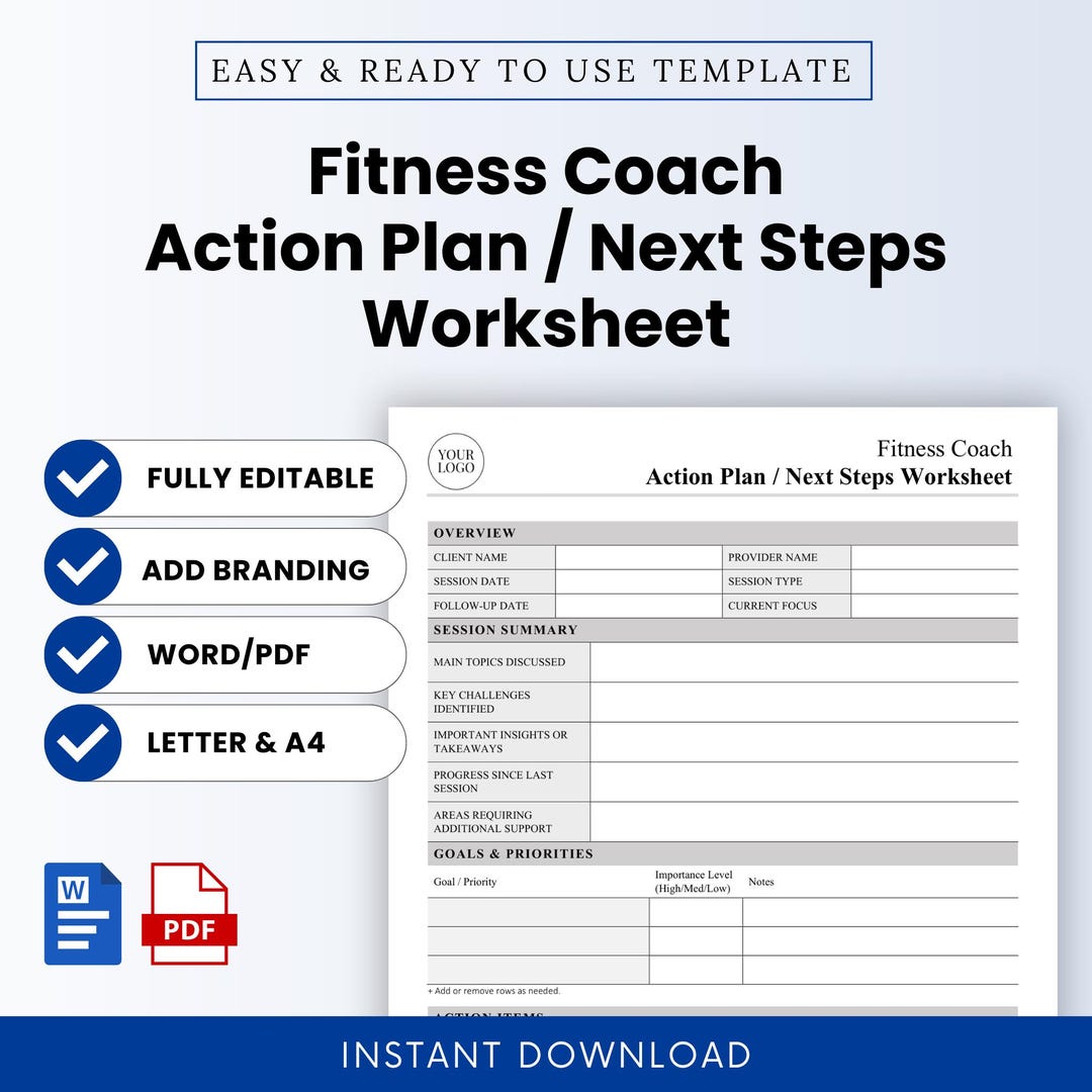 Fitness Coach Action Plan / Next Steps Worksheet Template – Word & PDF ...