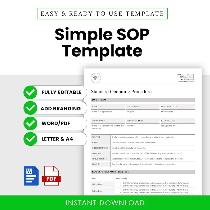 Simple SOP Template (word, PDF) | Standard Operating Procedure Template ...