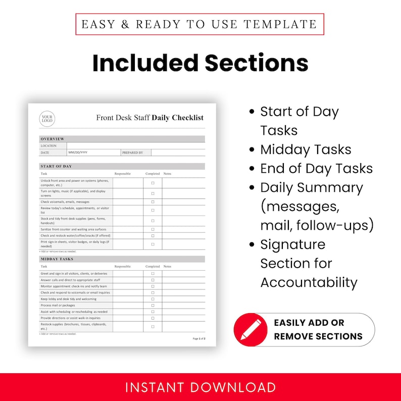 Front Desk Staff Daily Checklist Template – Word & PDF, A4 + US Letter ...