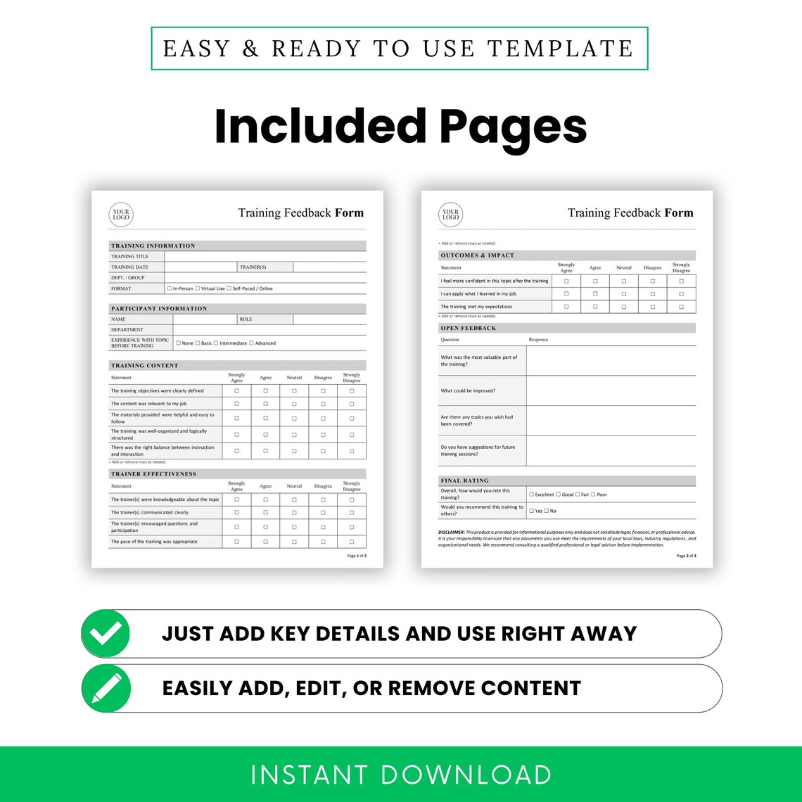 Simple Training Feedback Form Template – Word & PDF, A4 + US Letter - Etsy