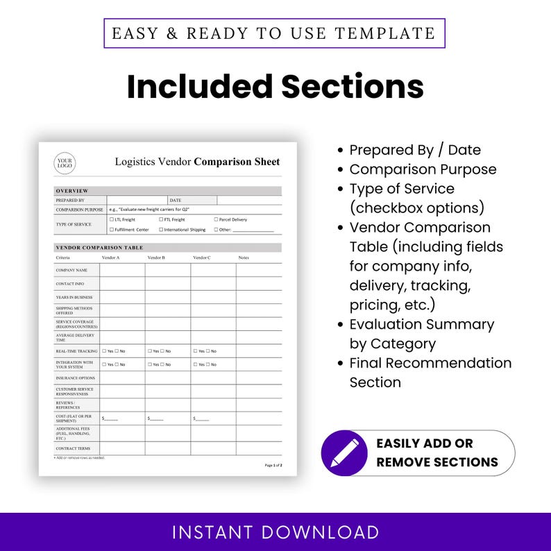 Simple Logistics Vendor Comparison Sheet Template – Word & PDF, A4 + US ...