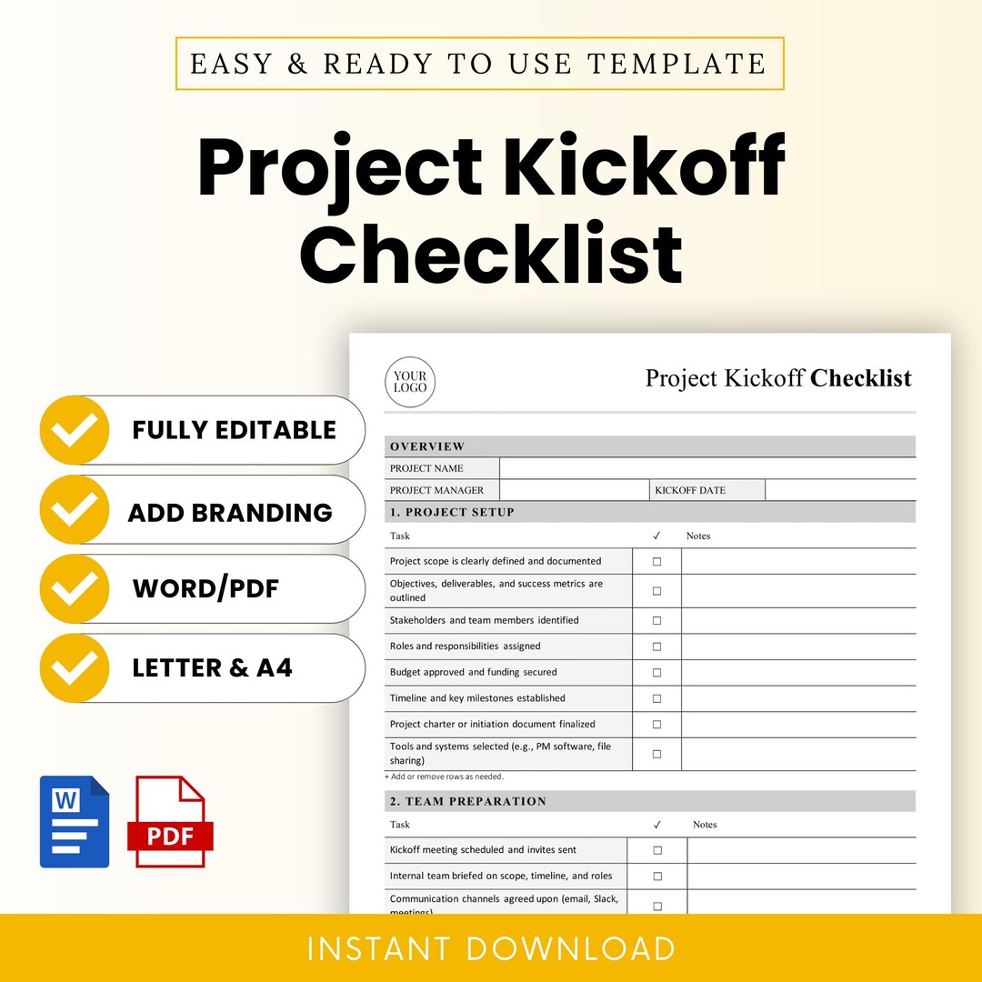 Project Kickoff Checklist Template - Word & PDF, A4 + US Letter - Etsy